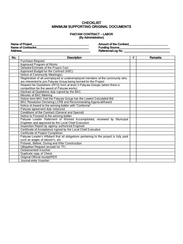 Checklist On Pakyaw Contract | PDF