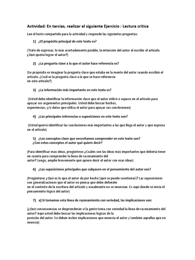 Ejercicio 1 - Preguntas de Lectura Crítica | PDF | Pensamiento | Cognición