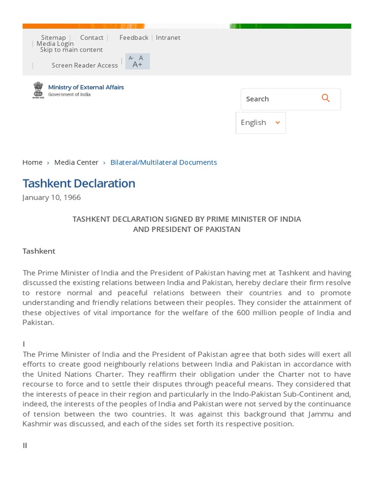 Tashkent Declaration | PDF | India–Pakistan Relations | Pakistan