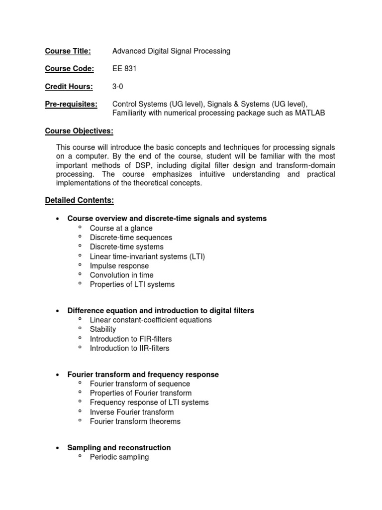 Course Outline - EE 831 - Digital Signal Processing NUST2022 | PDF