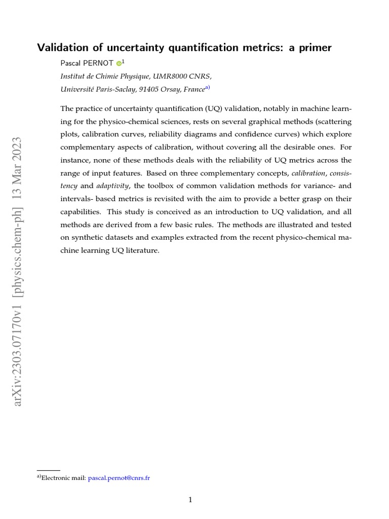 Validation of Uncertainty Quantification Metrics: A Primer: Pascal - Pernot@ | PDF | Uncertainty ...