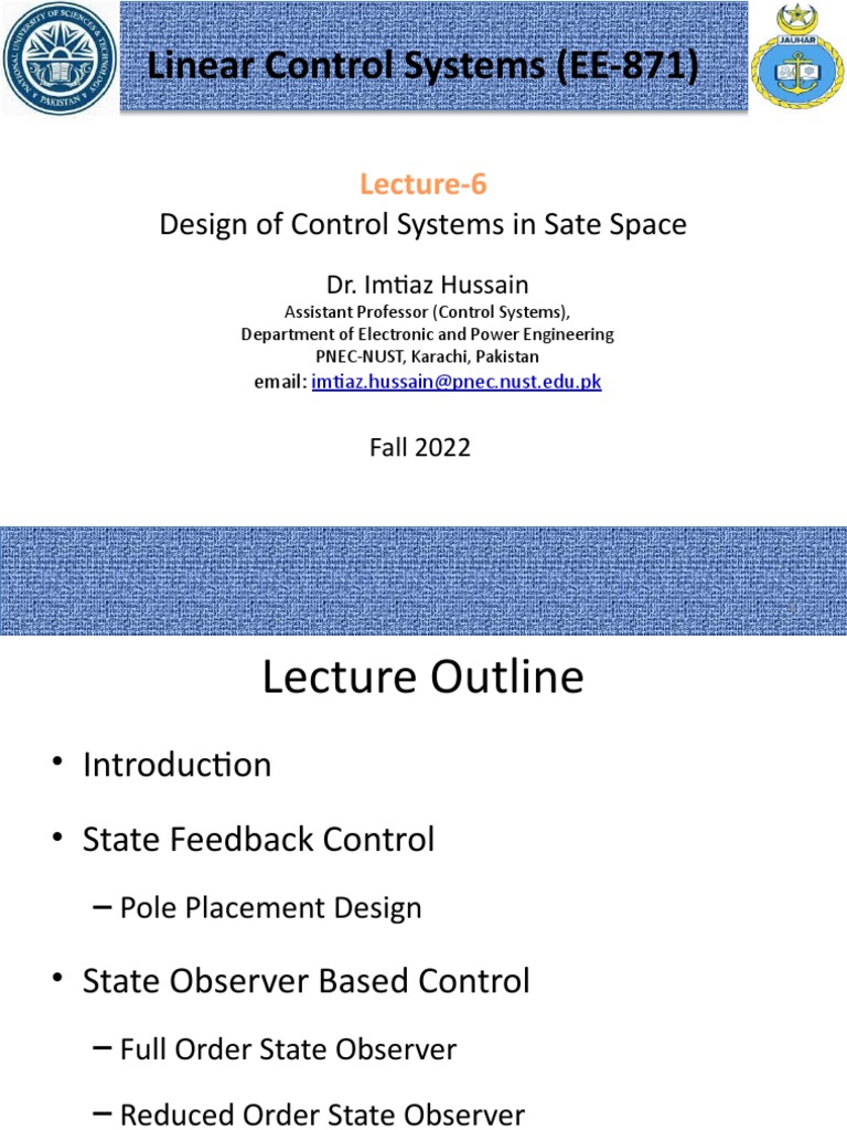 Lecture-06 Design of Control Systems in State Space Nust Masters 2022 ...