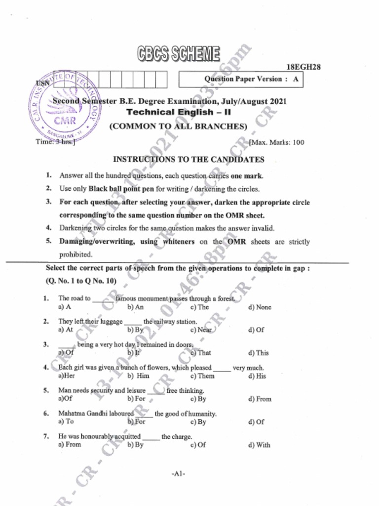VTU Question Paper of 18EGH28 Technical English - II Aug-2021 | PDF