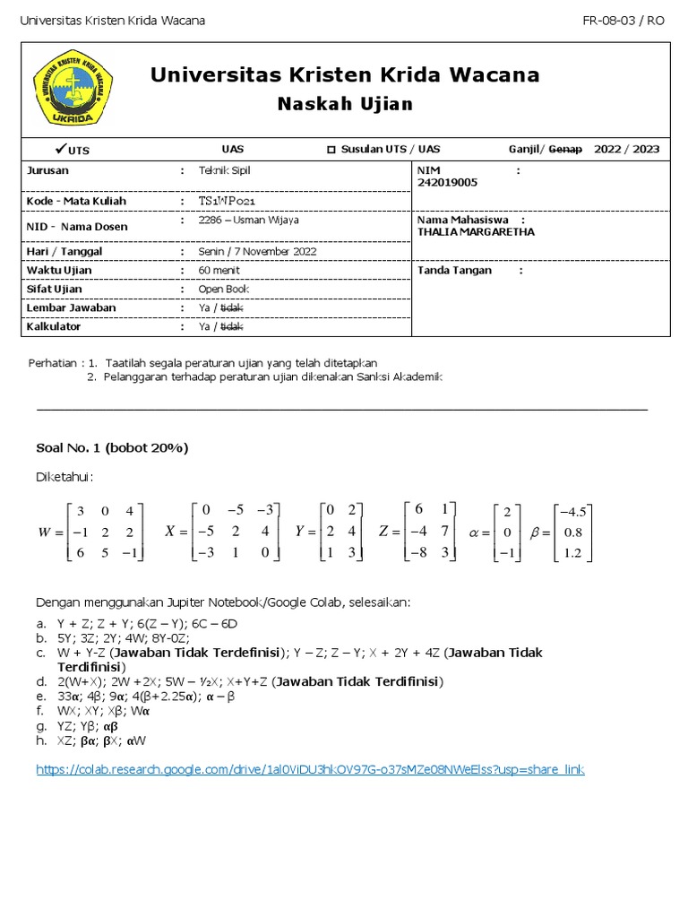 Jawaban UTS Anstruk 2 - Thalia Magaretha - 242019005 | PDF