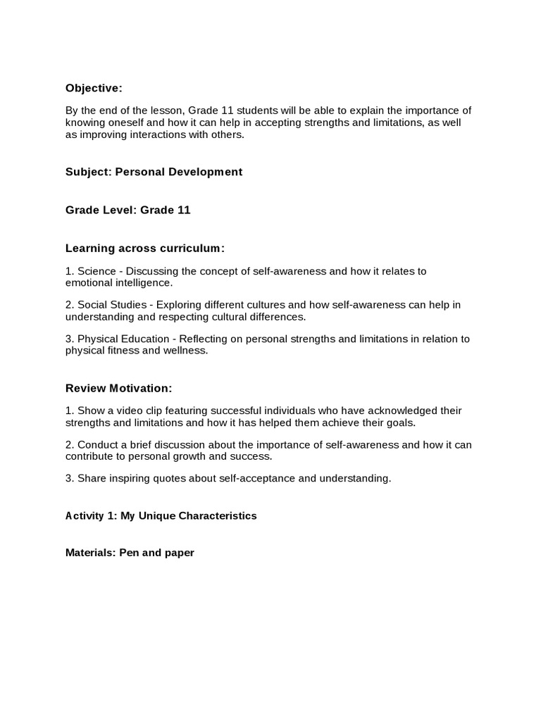 Self-Awareness for Grade 11 Students | PDF | Rubric (Academic ...