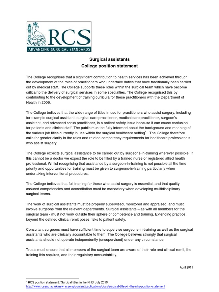 RCS Position Statement - Surgical Assistants | PDF | Physician | Health ...