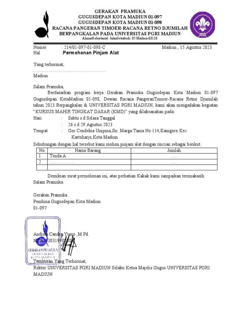 Surat Pinjam Alat dan Tenda KMD | PDF