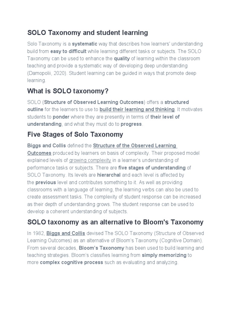 SOLO Taxonomy and Student Learning | PDF
