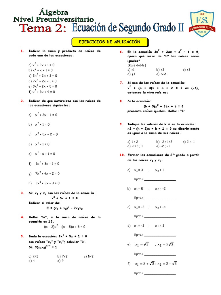 TEMA 2 ALGEBRA NIVEL PREUNIVERSITARIO Ecuaciones de 2do Grado II | PDF ...