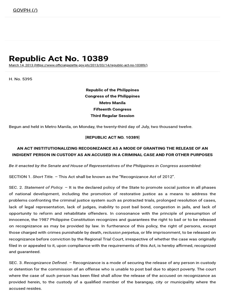 Recognizance Act of 2012 - Republic Act No. 10389 | PDF | Politics ...