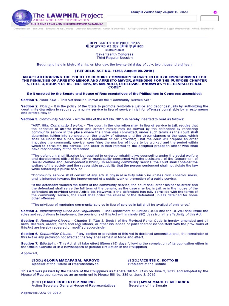 Community Service Act - Republic Act No. 11362 | PDF | Prison | Crimes
