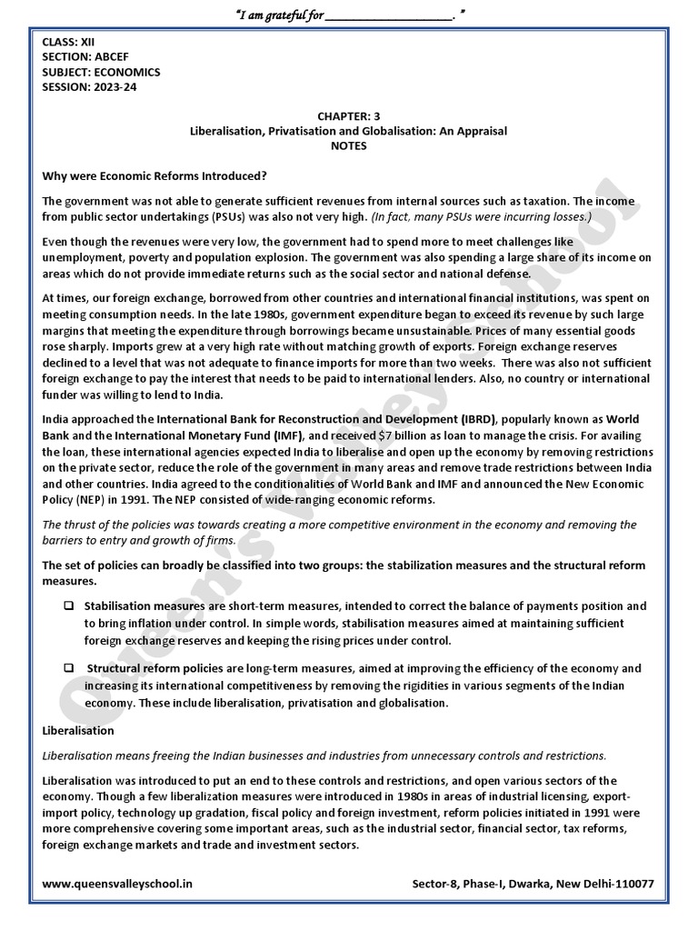 XII Economics - CH 3 - Liberalisation, Privatisation and Globalisation An Appaisal | PDF | World ...