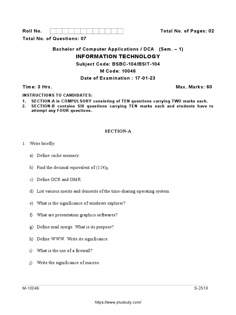 Bca Dca 1 Sem Information Technology 10046 Jan 2023 | PDF