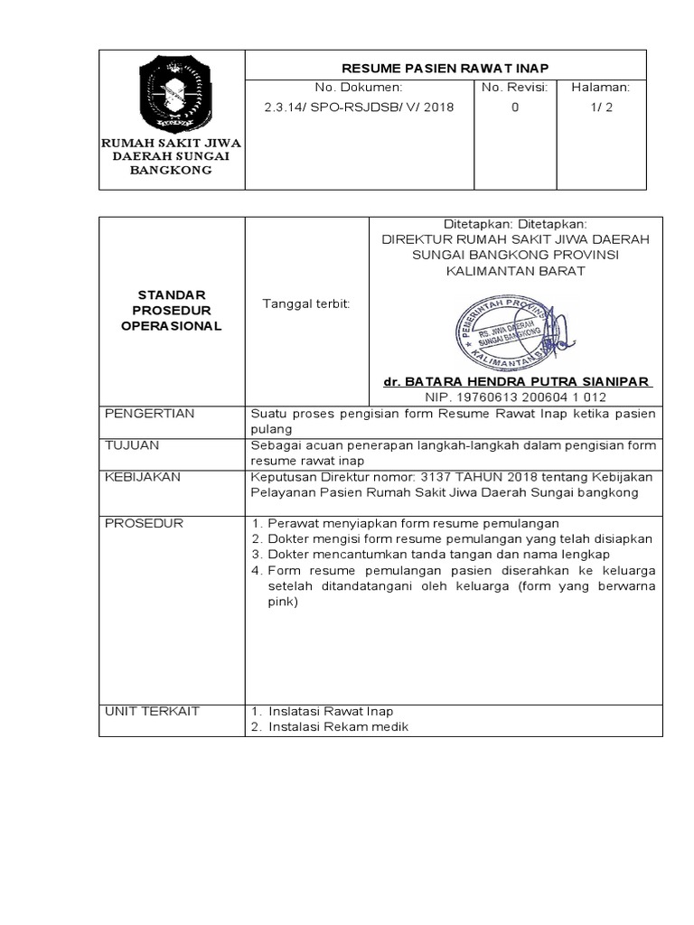 SOP Resume Pemulangan Pasien | PDF
