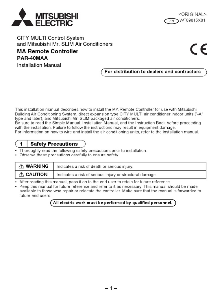 Mitsubishi Electric PAR-40MAA Installation Manual Eng | PDF | Electrical Connector | Switch
