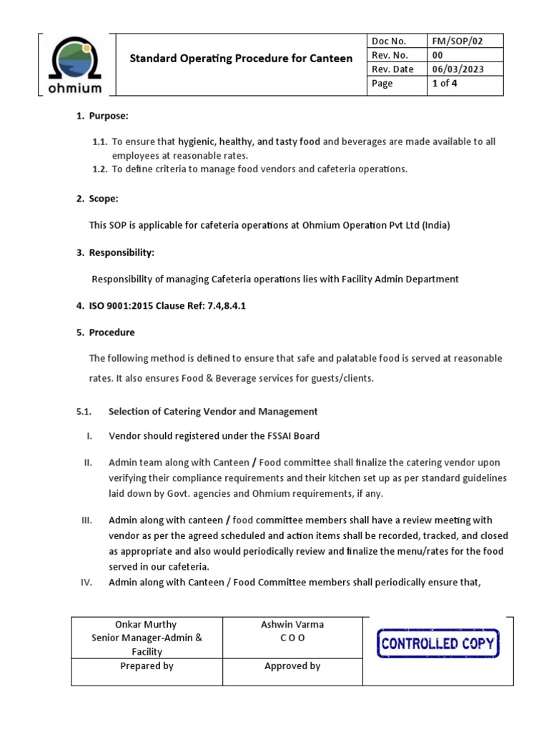 Nt-Fm-Sop02 Sop For Canteen | PDF | Cafeteria | Hygiene