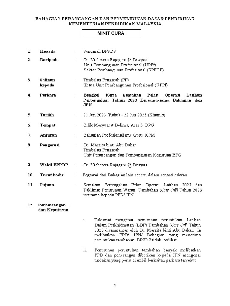 Minit Curai 21 Jun 23 Bengkel Semakan POL BPG | PDF | Karier & Perkembangan