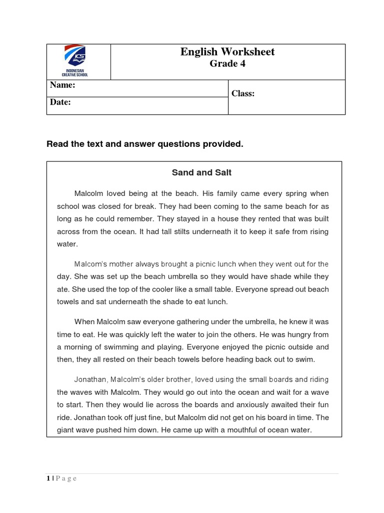 English Worksheet - Reading | PDF