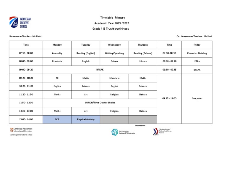 Timetable Primary Academic Year 2023 / 2024 Grade 1 B Trushtworthiness ...