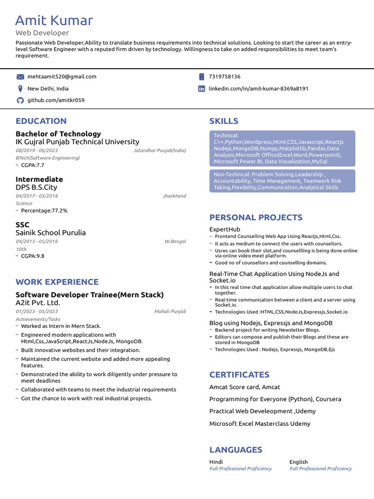 Amit's Resume (Web) | PDF | World Wide Web | Internet & Web