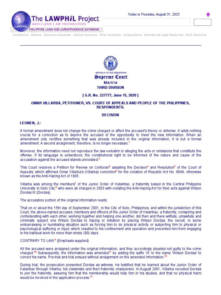 Villarba vs. Court: Anti-Hazing Case Ruling | PDF | Prejudice (Legal ...
