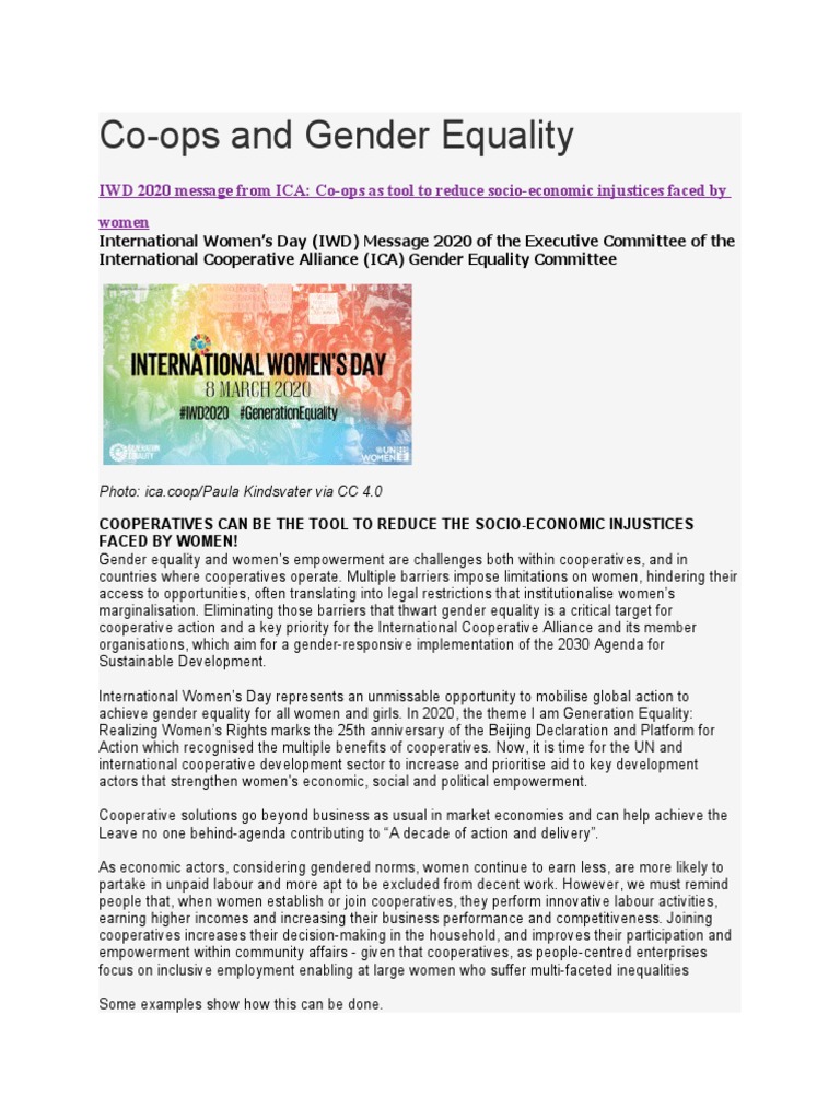 Co-Ops and Gender Equality: IWD 2020 Message From ICA: Co-Ops As Tool To Reduce Socio-Economic ...
