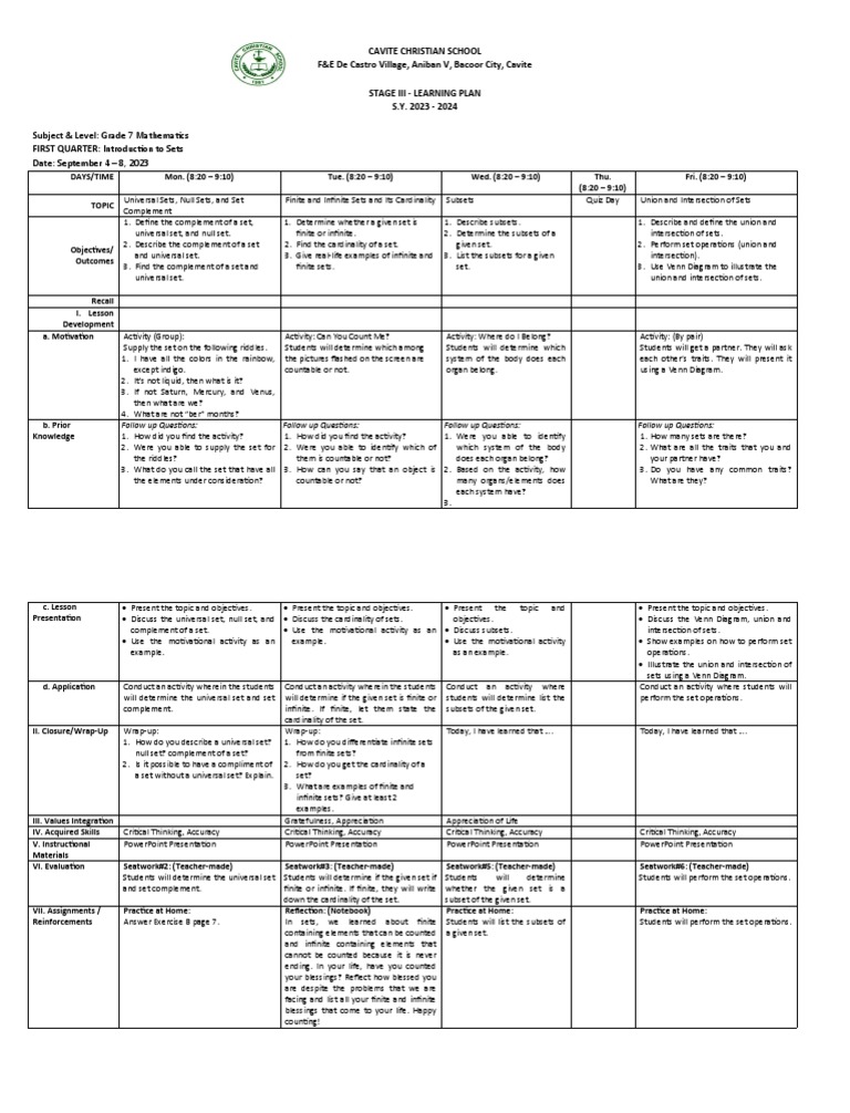 MATH 7 WEEK 2 LP Final | PDF | Set (Mathematics) | Logic