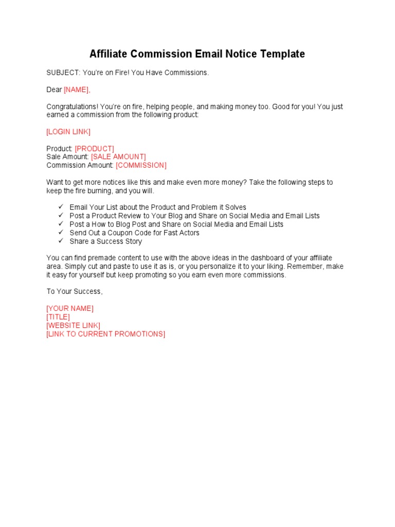 Affiliate Commission Email Notice Template | PDF
