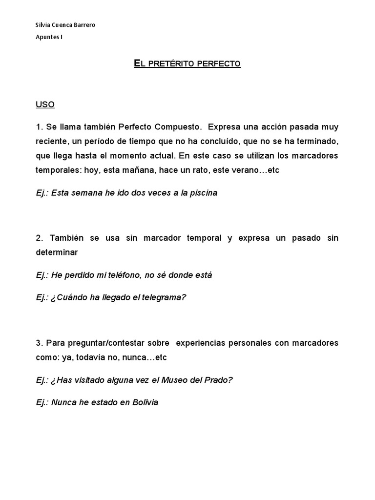 Uso del Pretérito Perfecto en Español | PDF