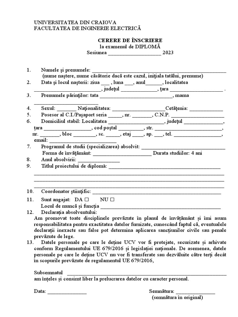 Cerere Inscriere Examen Diploma 2023 | PDF