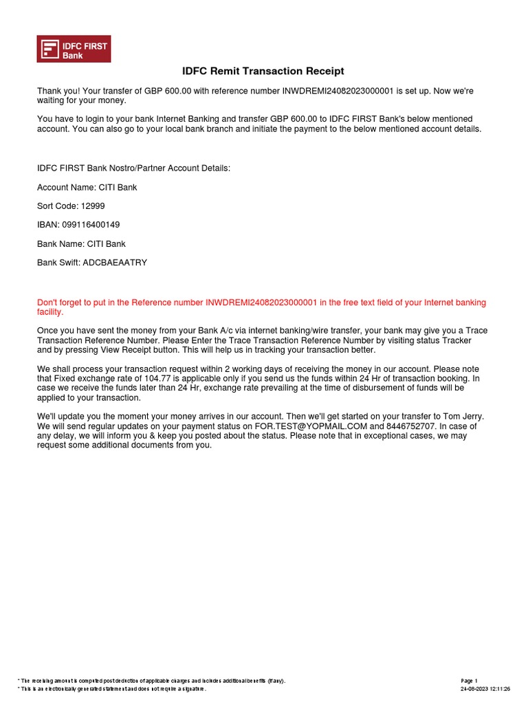 IDFC RemitTransactionReceipt 24082023 | PDF | Business