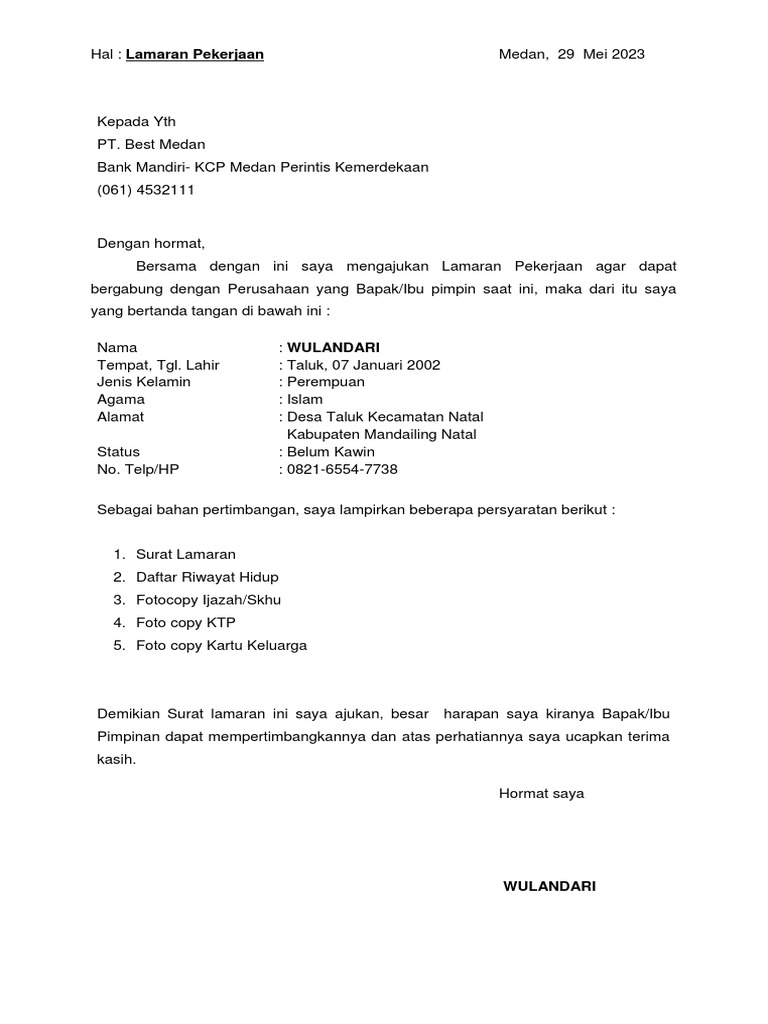 Lamaran Kerja Wulandari ke PT. Best Medan | PDF