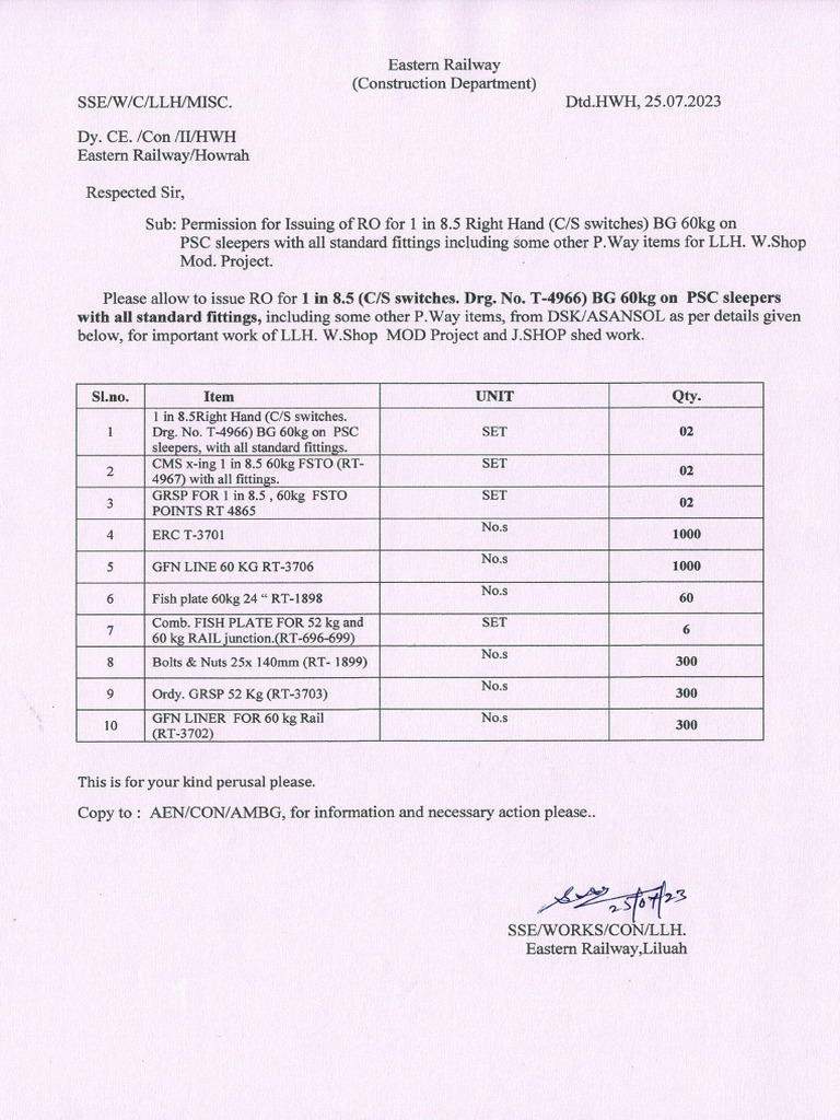 P.way Materials Requirements From Asn DSK | PDF