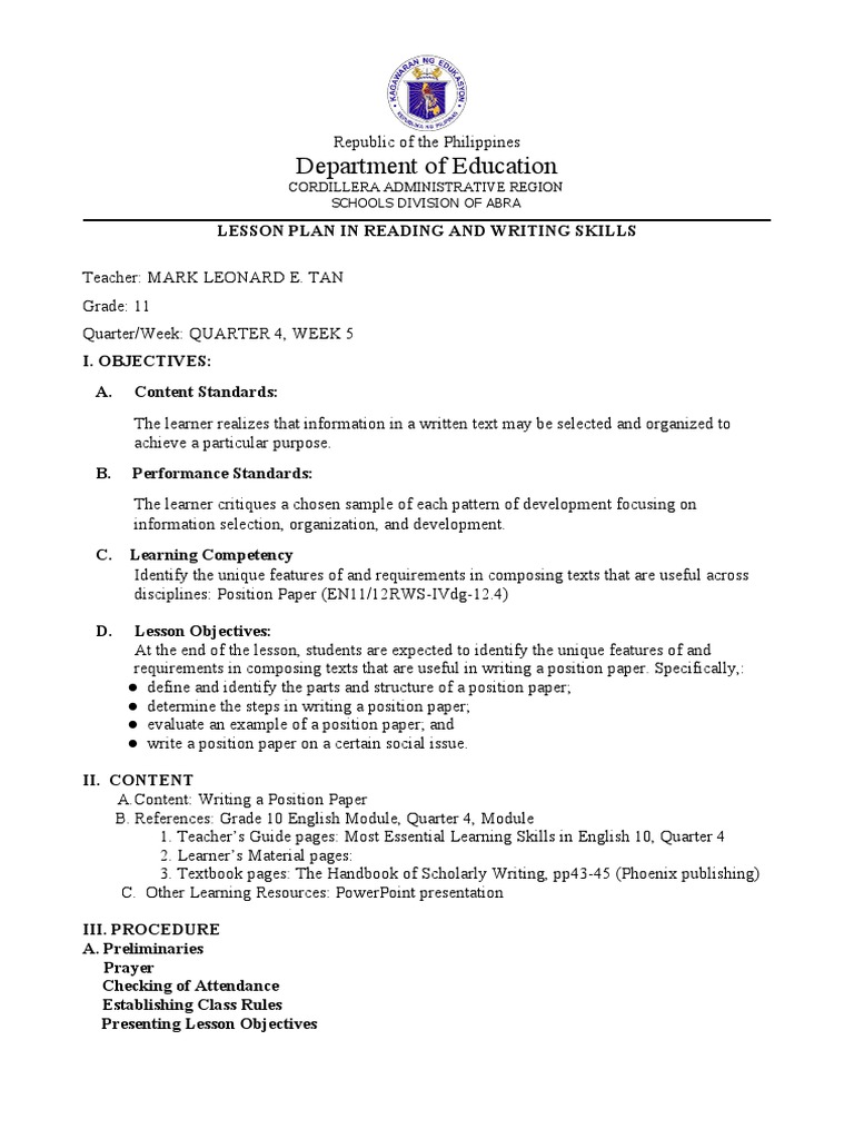 Lesson Plan in Reading and Writing 11 | PDF | Argument | Essays