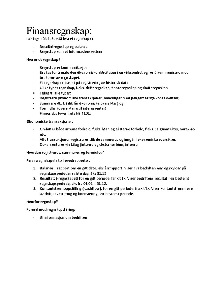 Notater Regnskap Forelesning 1 | PDF