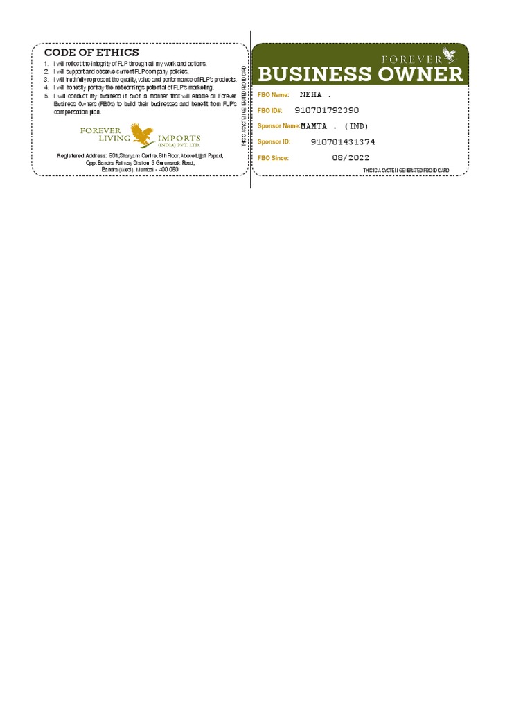 Forever Living FBO ID Card Format | PDF
