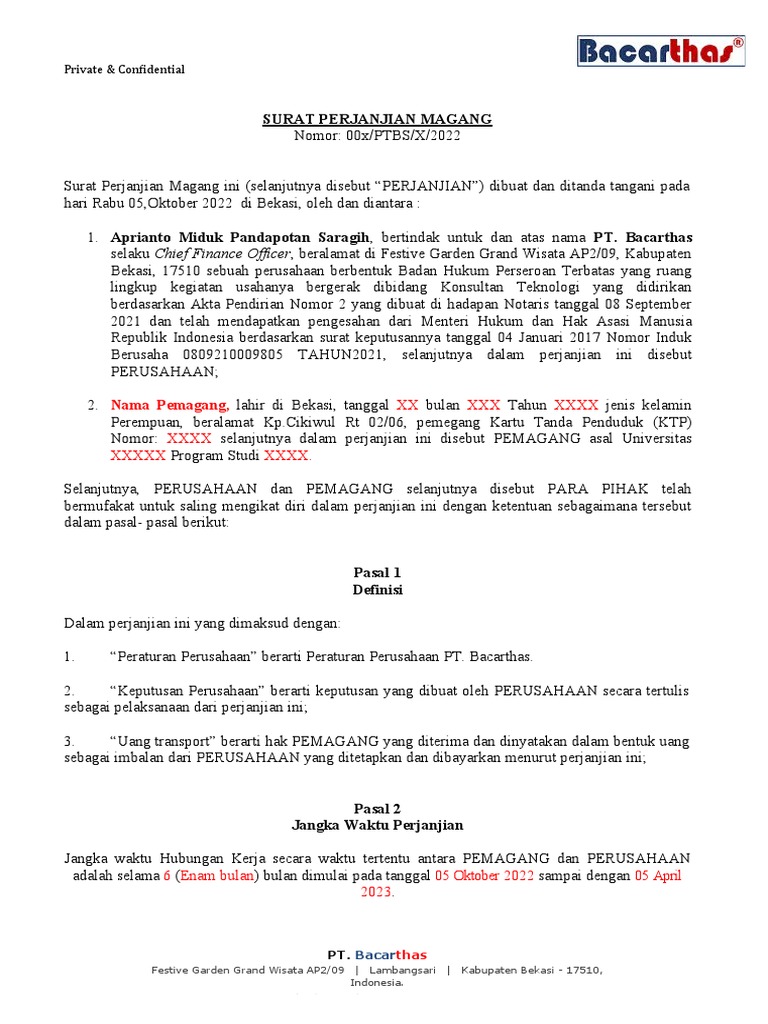Surat Perjanjian Magang PT. Bacarthas | PDF