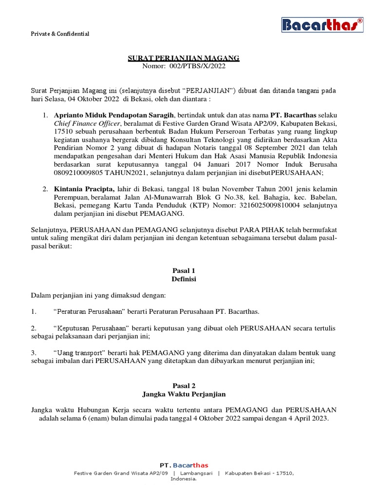 Perjanjian Magang PT. Bacarthas | PDF