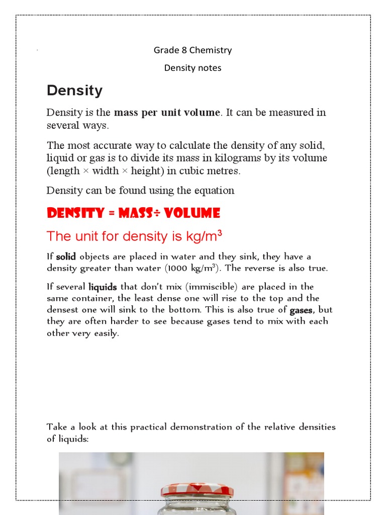 Density Concepts for Grade 8 Science | PDF