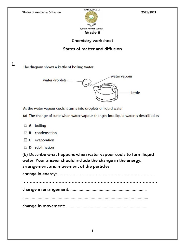 States of Matter and Diffusion Worksheet | PDF