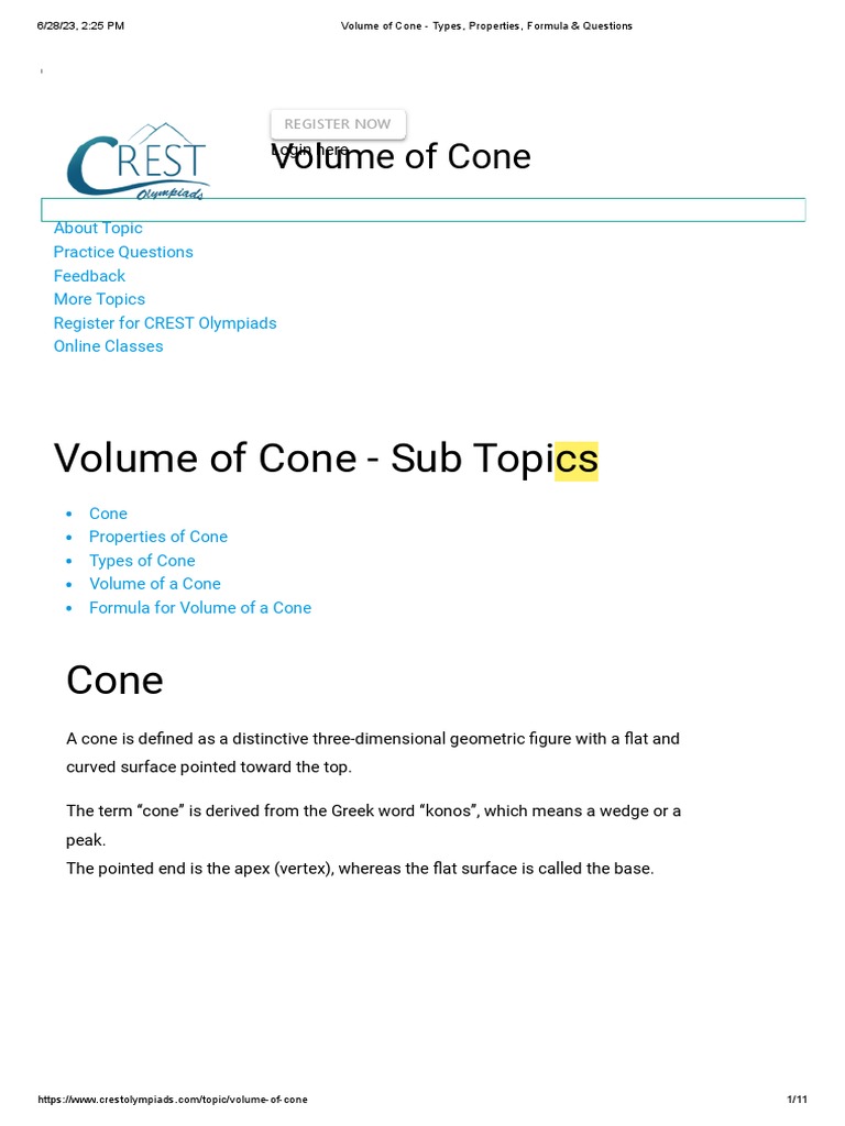 Volume of Cone - Types, Properties, Formula & Questions | PDF