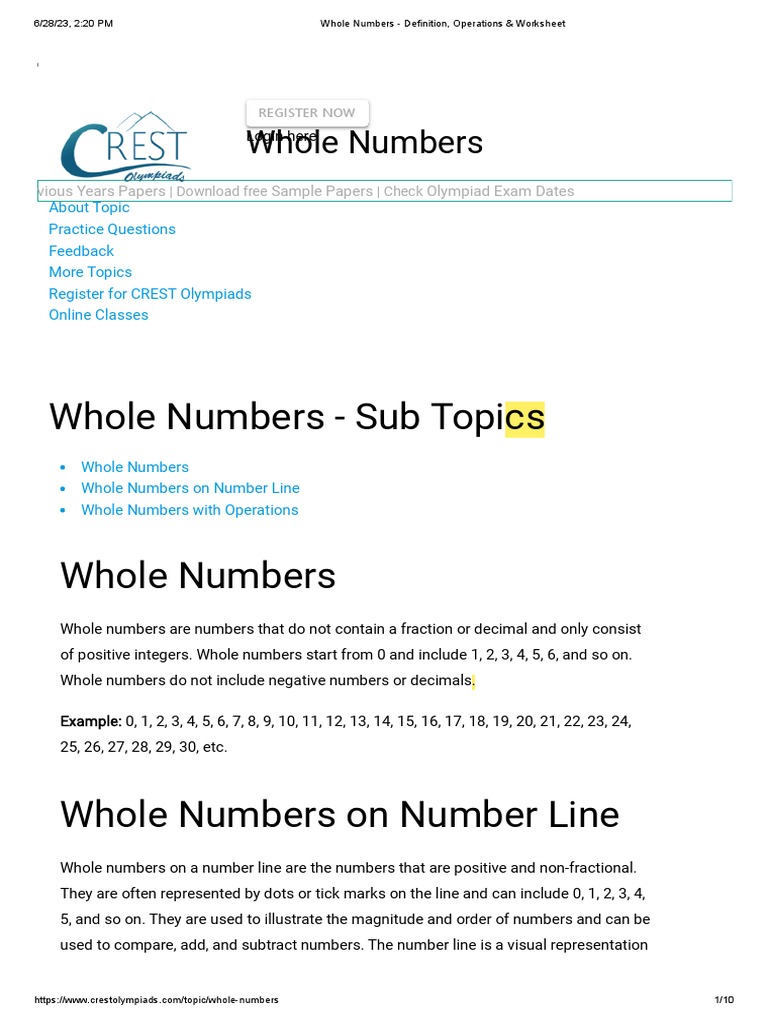 Whole Numbers - Definition, Operations & Worksheet | PDF | Integer ...