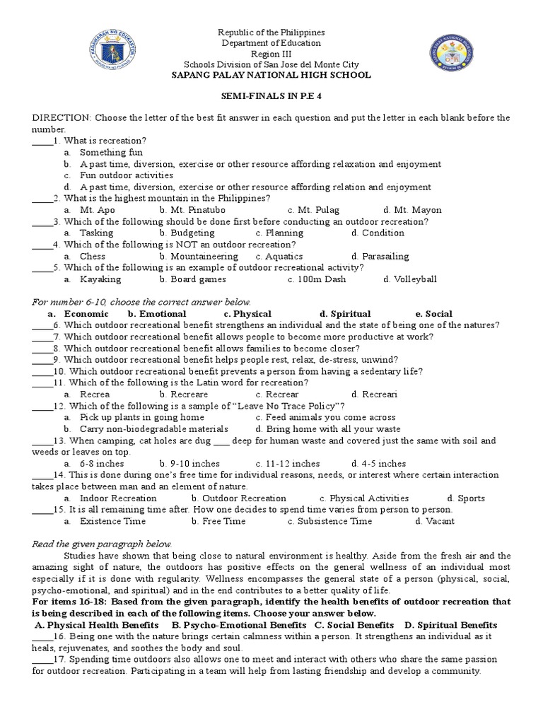 PE4 Exam | PDF | Outdoor Recreation
