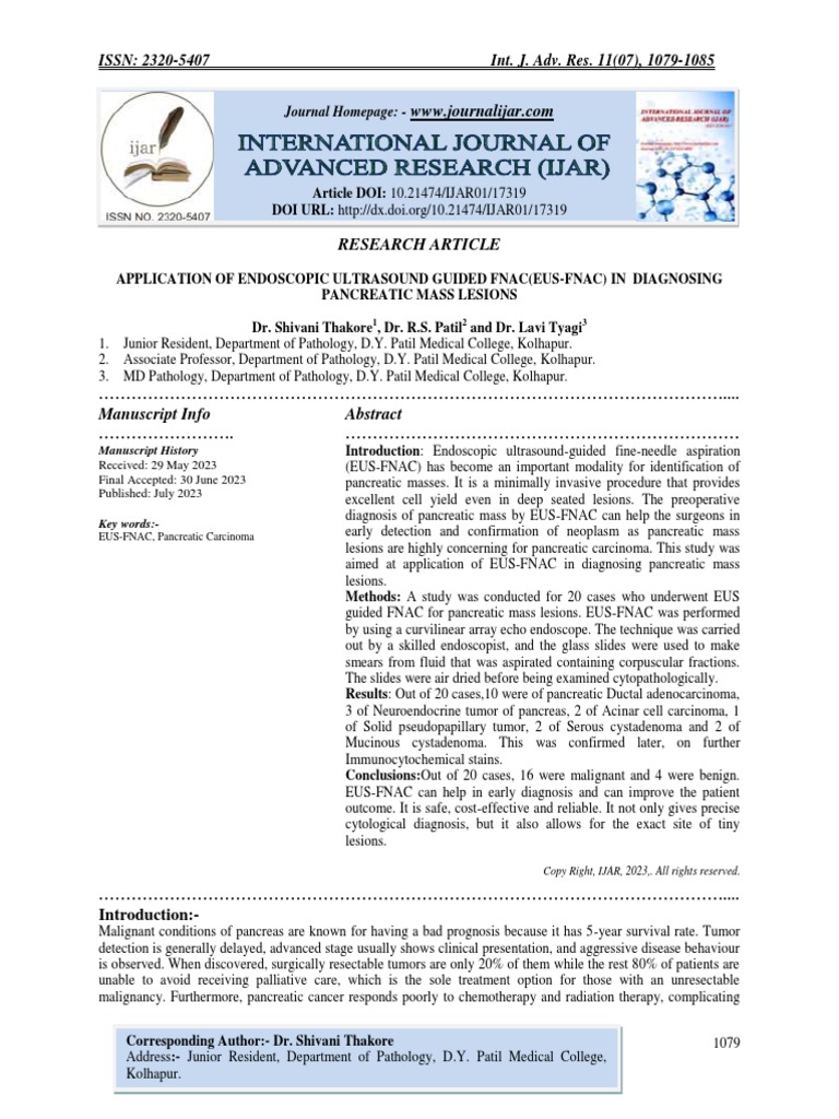 Application of Endoscopic Ultrasound Guided Fnac (Eus-Fnac) in ...