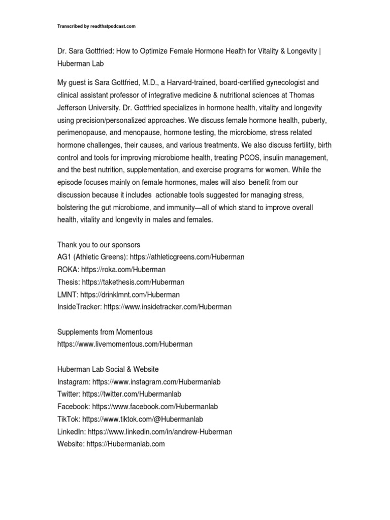 DR Sara Gottfried How To Optimize Female Hormone Health For Vitality & Longevity | PDF ...