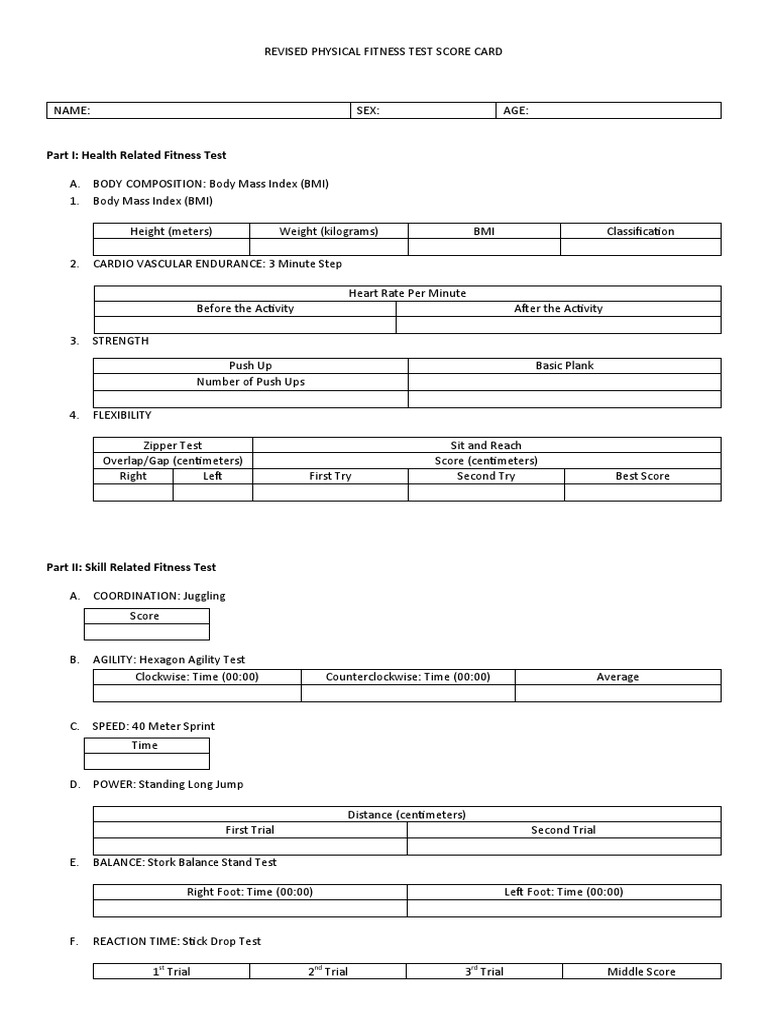 Revised Physical Fitness Test Score Card | PDF
