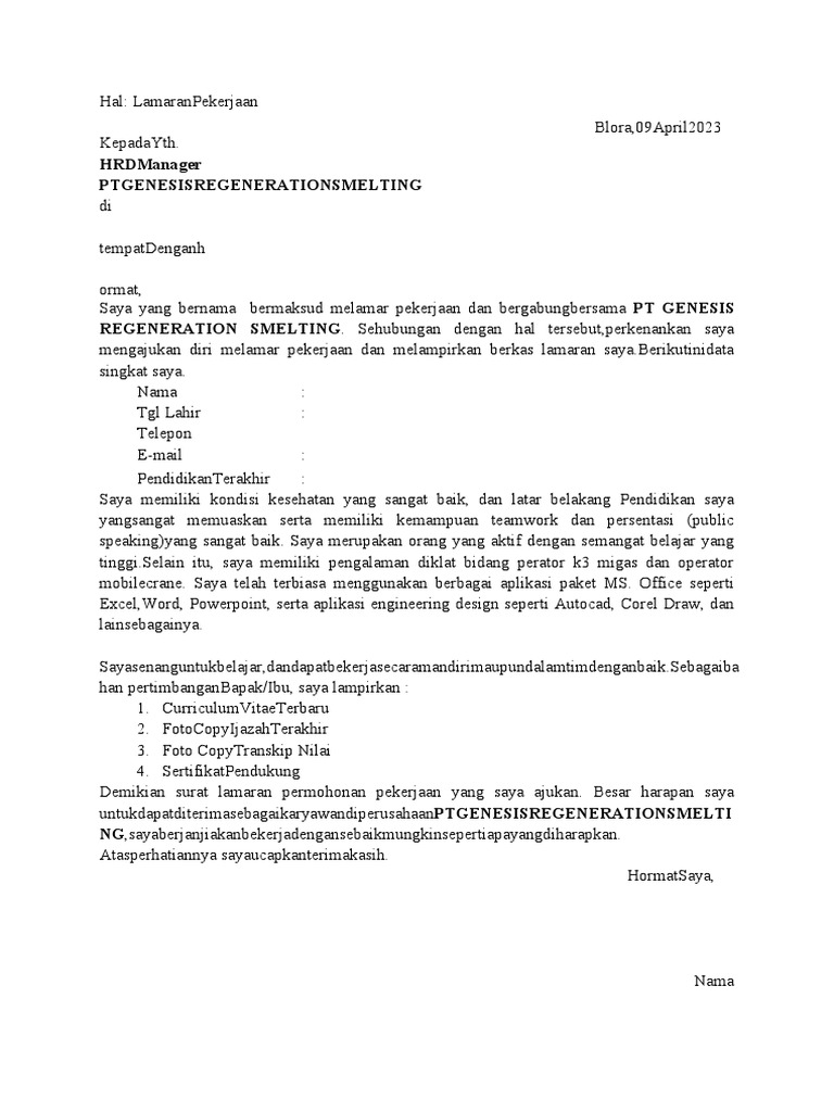 Surat Lamaran PT.GENESIS REGENERATION SMELTING | PDF