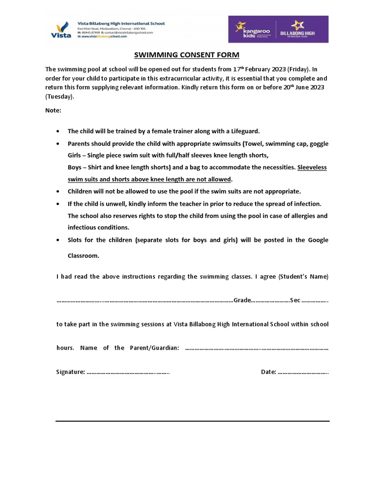 Swimming Consent Form | PDF