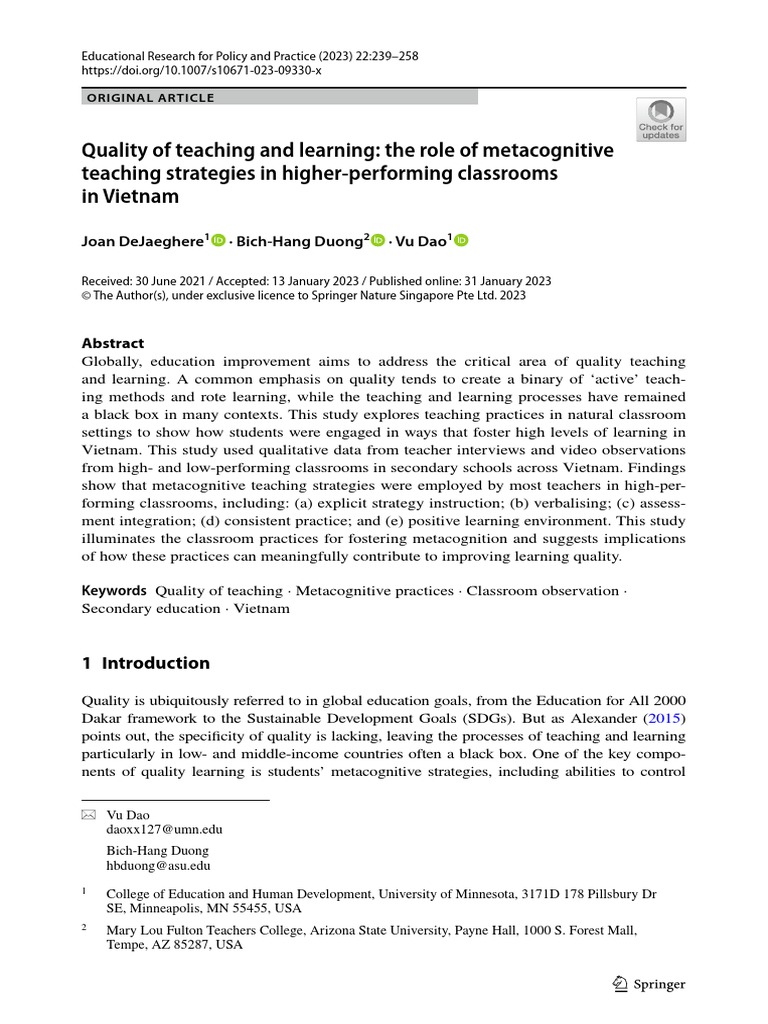 Quality of Teaching and Learning: The Role of Metacognitive Teaching Strategies in Higher ...