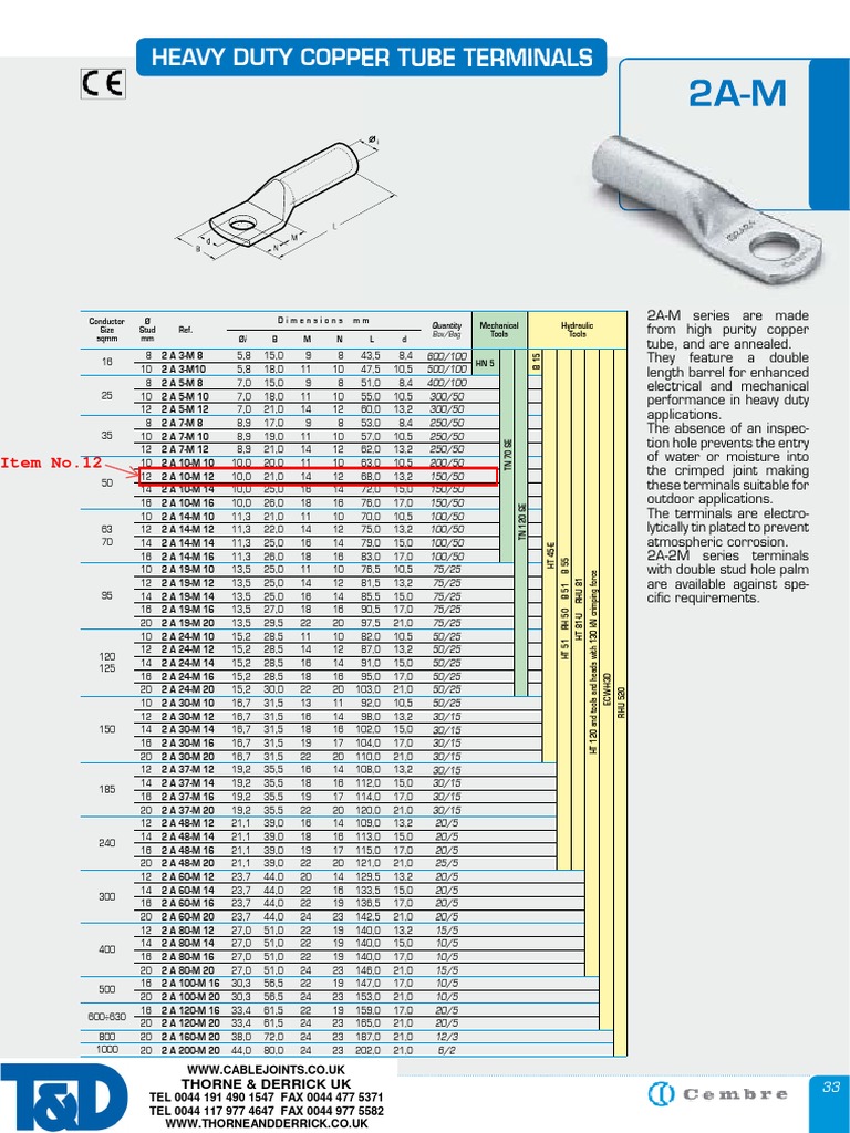 2A3 M8 Cembre 16sqmm 11kV 33kV Cable Lug M8 Hole | PDF | Electrical ...